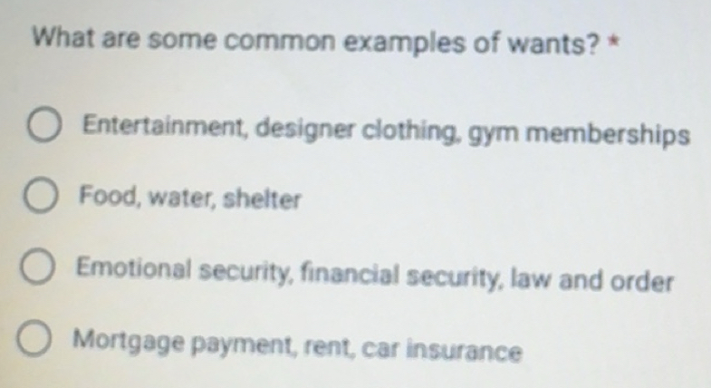 Solved: What are some common examples of wants? * Entertainment ...