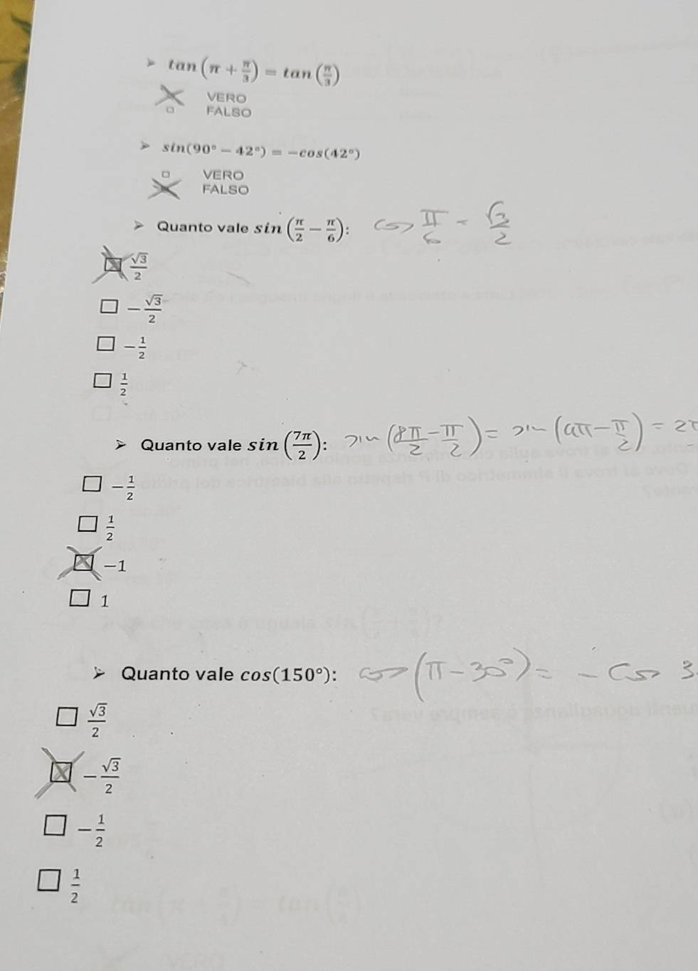 Risolto:tan (π + π /3 )=tan ( π /3 ) ver FALBO sin (90°-42°)=-cos (42 ...