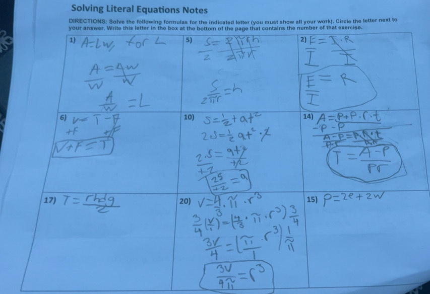 Gelöst:Solving Literal Equations Notes DIRECTIONS: Solve the following ...