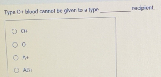 Solved: Type O+ blood cannot be given to a type _recipient. O+ 0- A+ ...