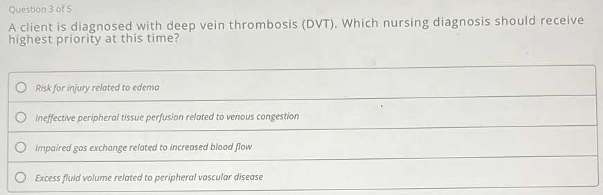 Solved: A client is diagnosed with deep vein thrombosis (DVT). Which ...
