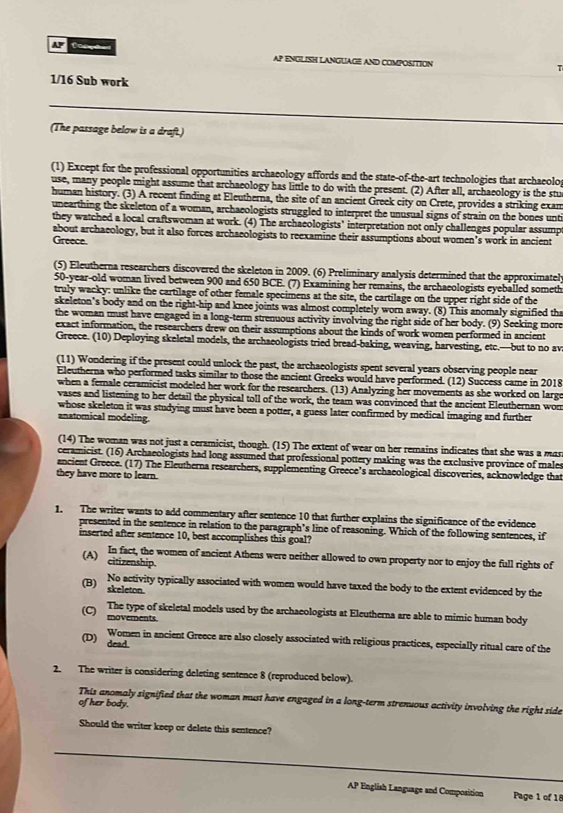 Solved: AF AP ENGLISH LANGUAGE AND COMPOSITION T 1/16 Sub work (The ...