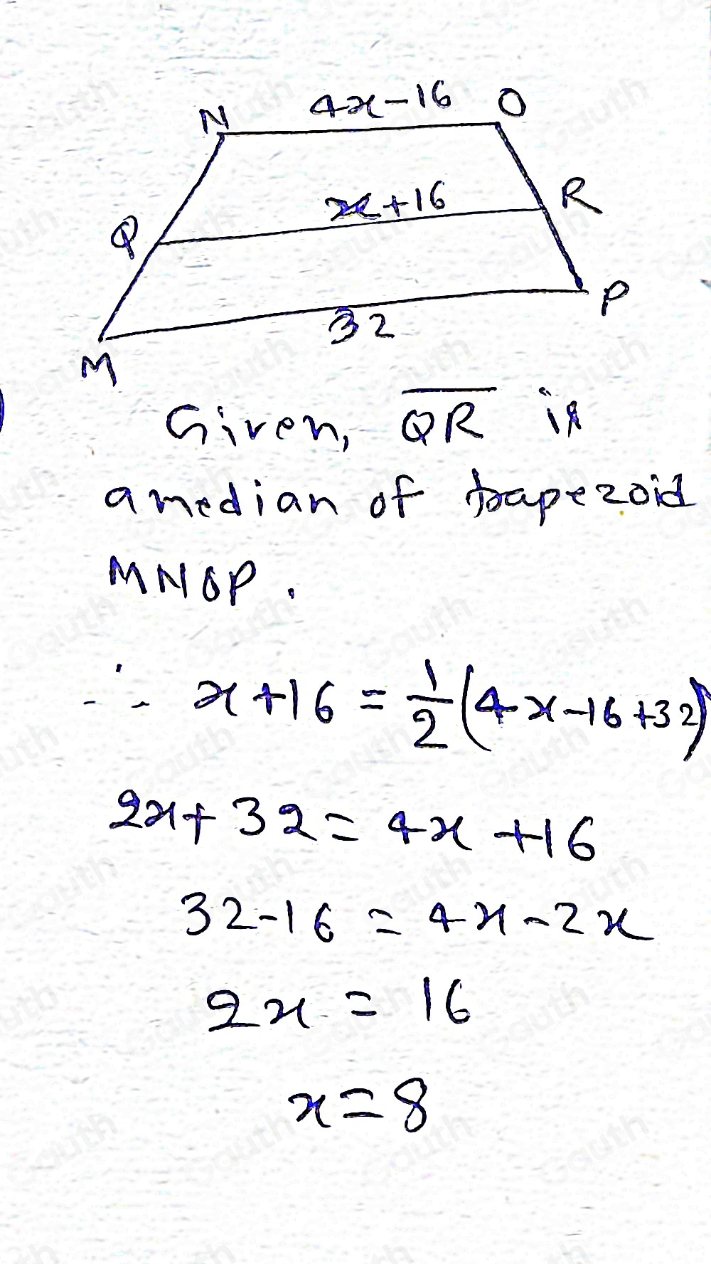 Solved: Given the median overline QR and trapezoid MNOP, what is the value of x? [Statistics]