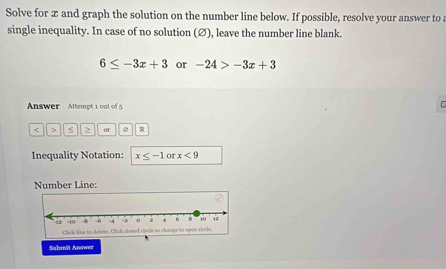 Solved: Solve for x and graph the solution on the number line below. If ...