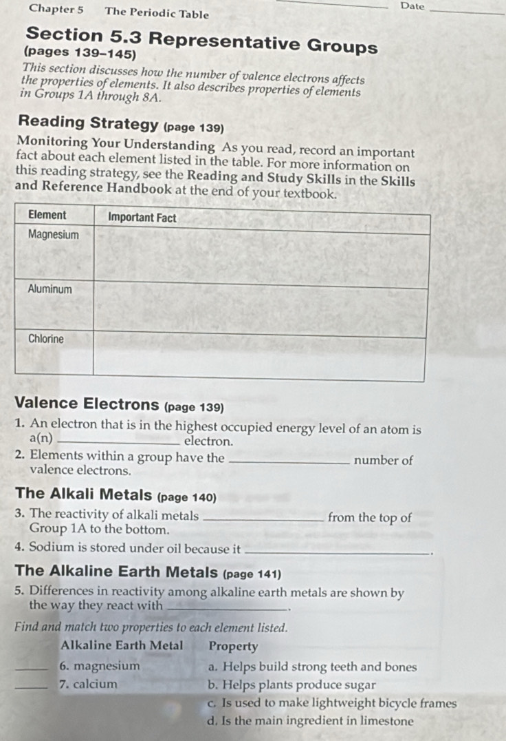 Solved: Date Chapter 5 The Periodic Table _ Section 5.3 Representative ...