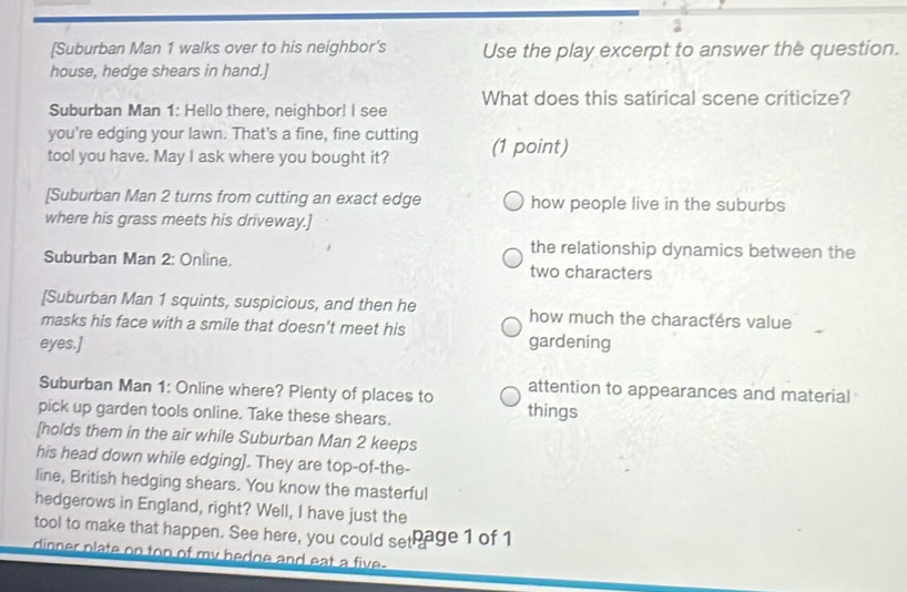 Solved: [Suburban Man 1 walks over to his neighbor's Use the play ...