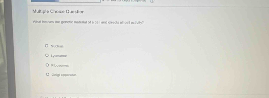 Solved: Question What houses the genetic material of a cell and directs all cell activity ...