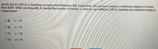 Solved: Jacob has $1,000 in a checking account and withdraws $40 each ...