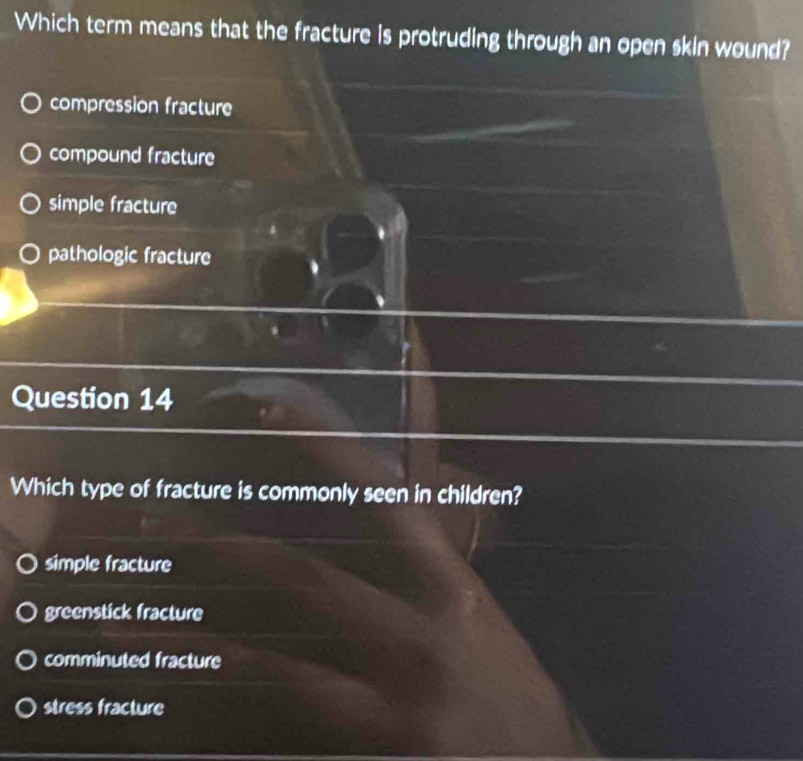 Solved: Which term means that the fracture is protruding through an ...