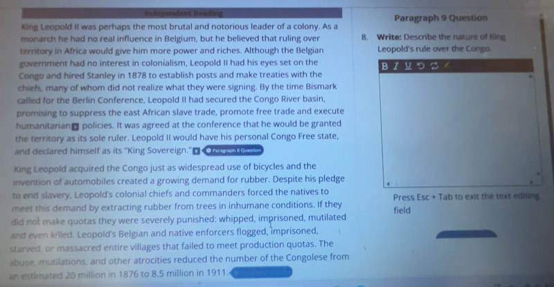 Resuelto:Indspendent Reading Paragraph 9 Question King Leopold II was ...