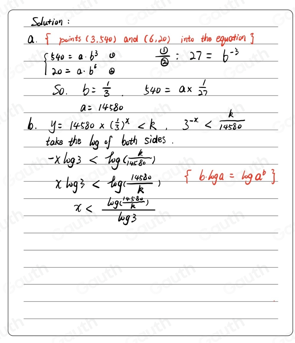 Solved: The graph of y=ab^x passes through the points (3,540) and (6,20 ...