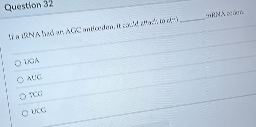 Solved: If a tRNA had an AGC anticodon, it could attach to a(n) _ mRNA ...