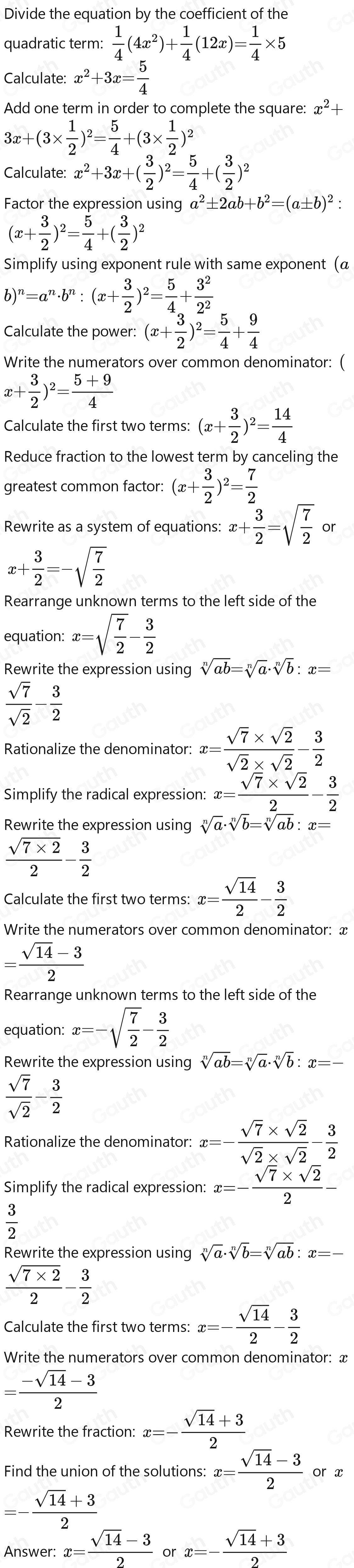 Solved: 4 x^2+12 x=5 [Math]