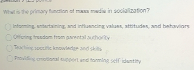 Solved: What is the primary function of mass media in socialization ...