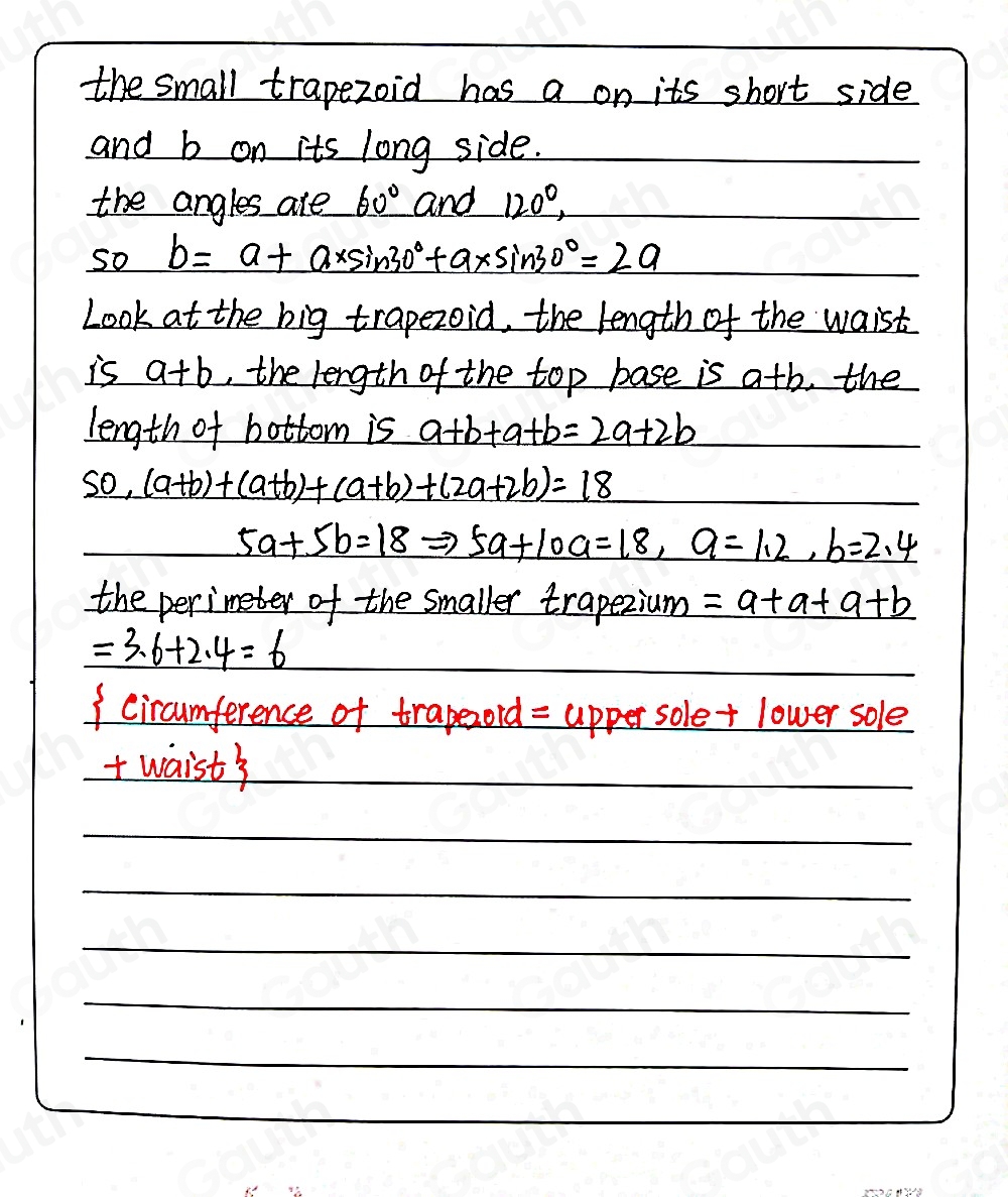 Solved: The small trapezium has three equal sides and angles of 60° and ...