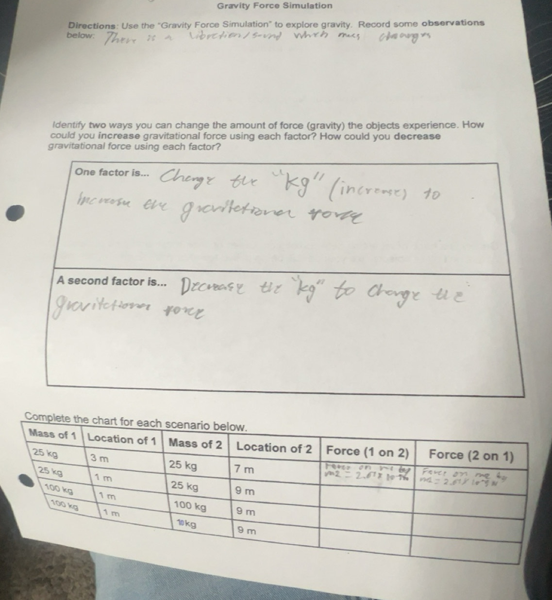 Solved: Gravity Force Simulation Directions: Use the "Gravity Force ...