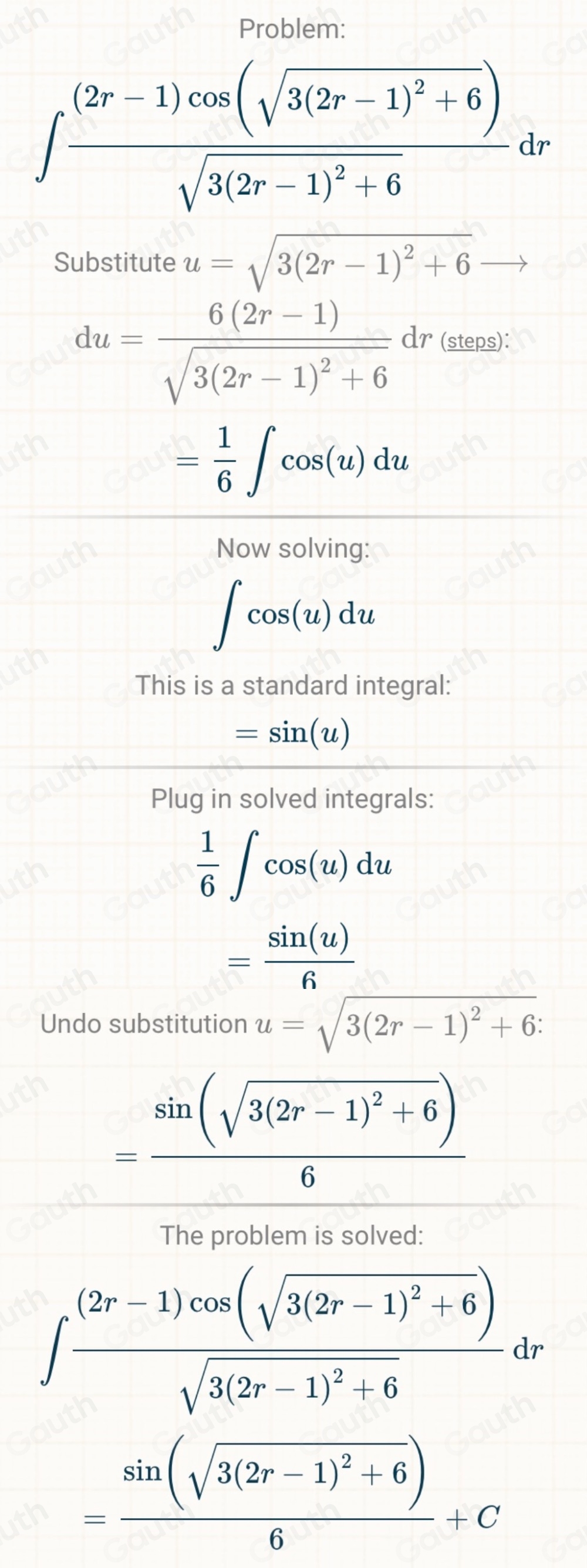 Solved: Evaluate the following integral. ∈t frac (2r-1)cos sqrt(3(2r-1 ...
