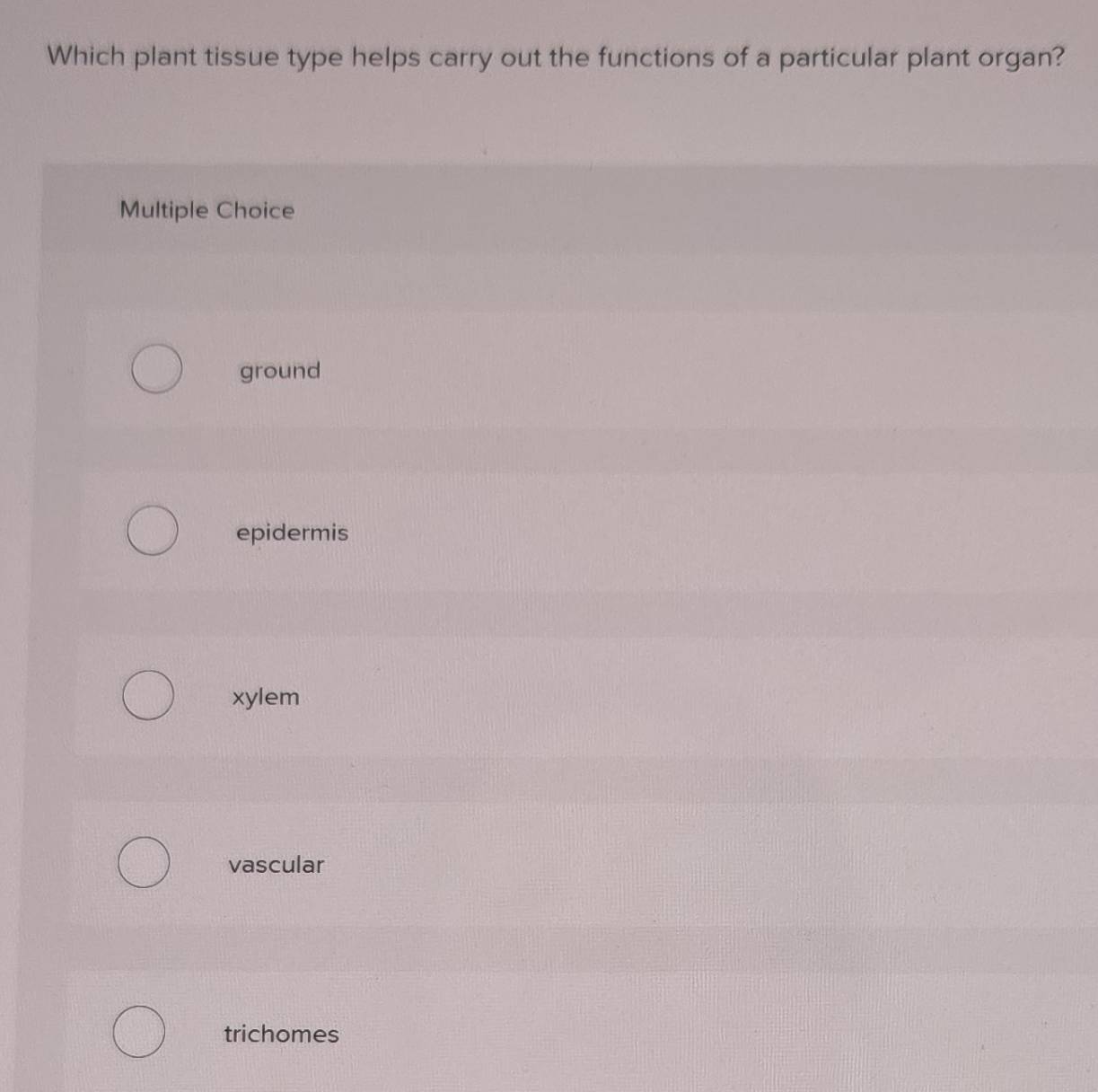 Solved: Which plant tissue type helps carry out the functions of a ...