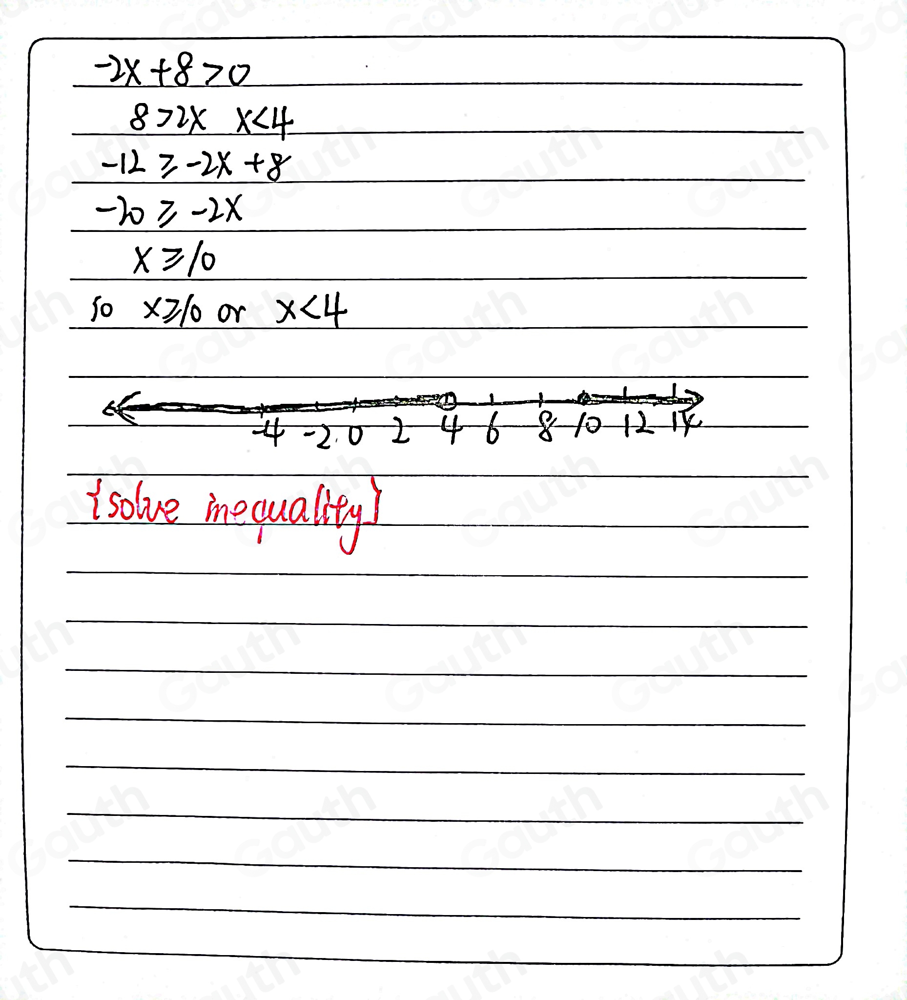 Solved: Solve for æ and graph the solution on the number line below. -2x+8>0 or -12≥ -2x+8 or [Math]