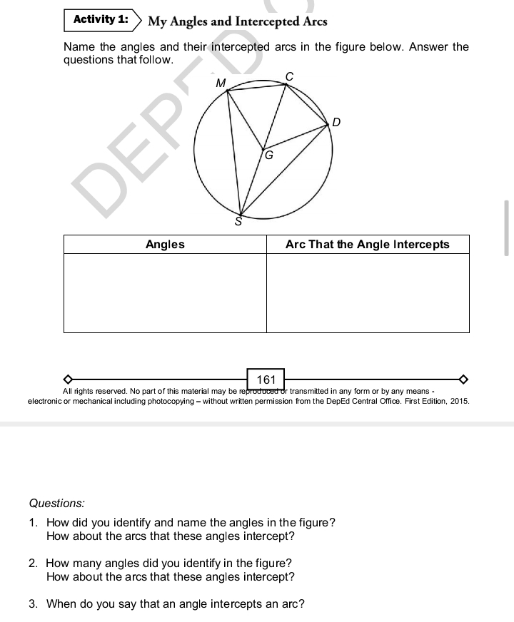 Solved: Activity 1: My Angles and Intercepted Arcs Name the angles and ...