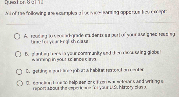 Solved: All of the following are examples of service-learning ...