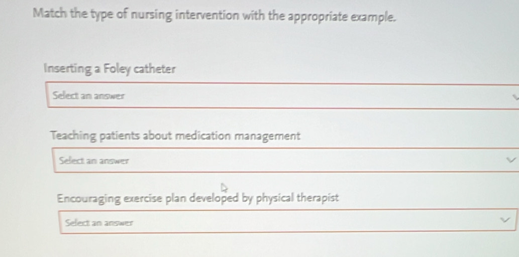 Solved: Match the type of nursing intervention with the appropriate ...