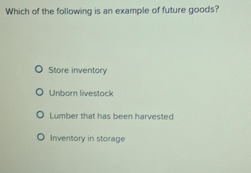 Solved: Which of the following is an example of future goods? Store ...