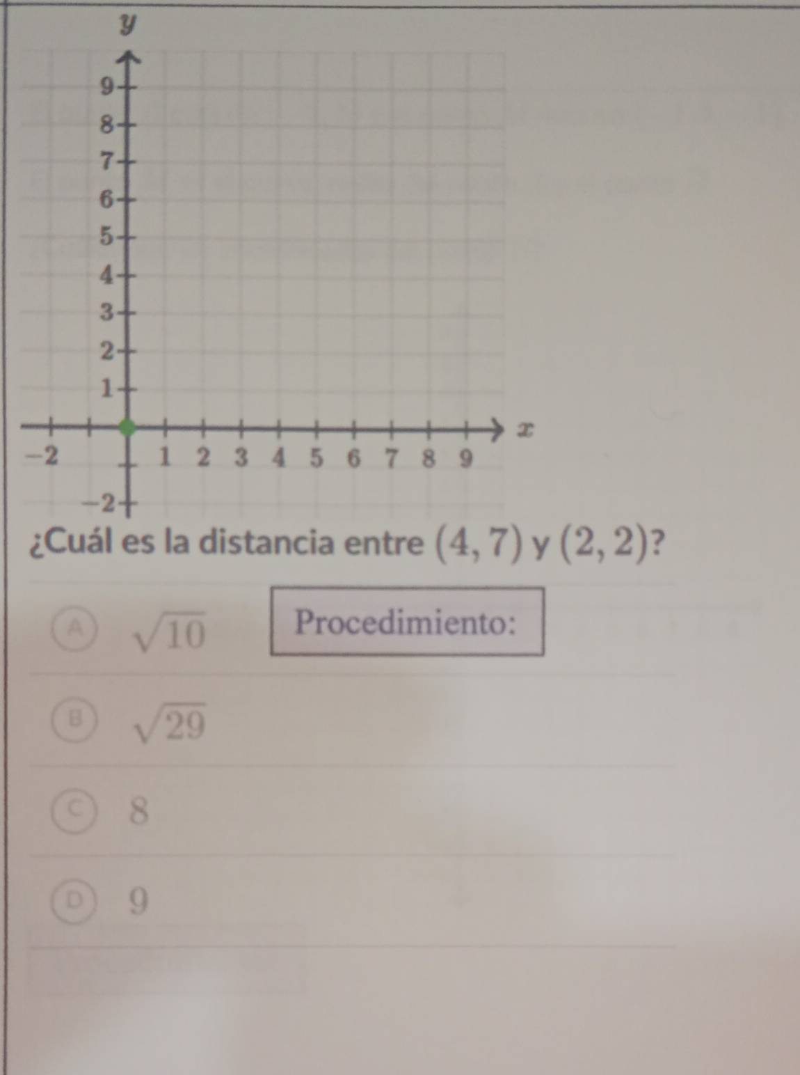 Resuelto:(2,2) ? A sqrt(10) Procedimiento: B sqrt(29) C) 8 D 9