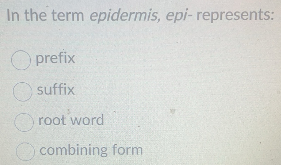 Solved: In the term epidermis, epi- represents: prefix suffix root word ...