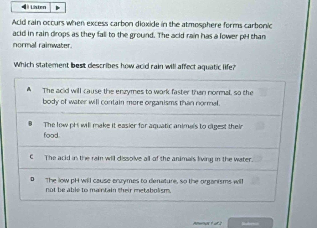 Solved: Listen Acid rain occurs when excess carbon dioxide in the ...