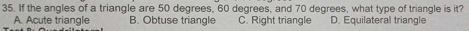 Solved: If the angles of a triangle are 50 degrees, 60 degrees, and 70 ...