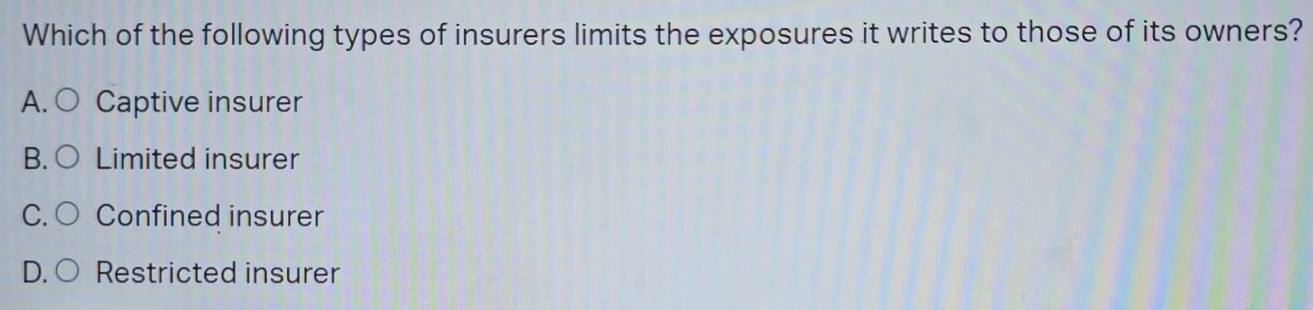 Solved: Which of the following types of insurers limits the exposures ...