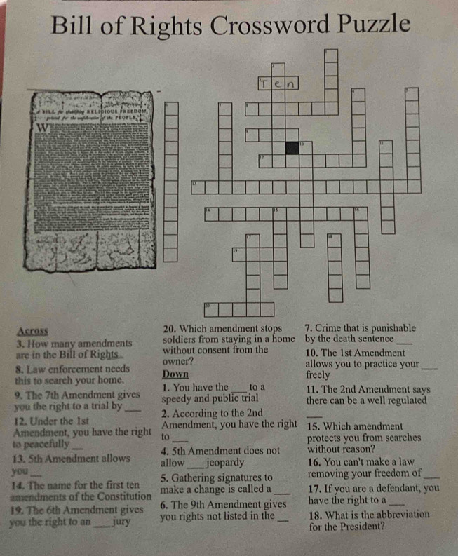 Solved: Bill of Rights Crossword Puzzle Across 20. Which amendment ...