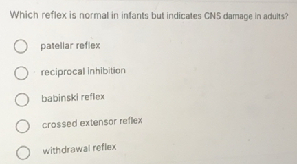 Solved: Which reflex is normal in infants but indicates CNS damage in ...