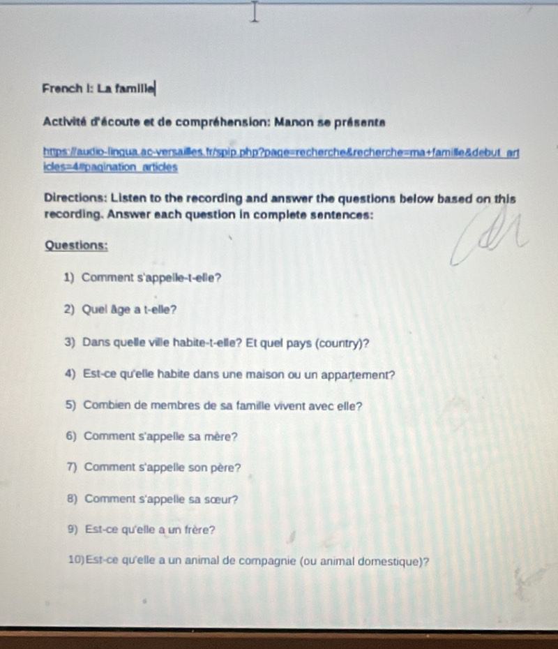 Solved: French i: La famille Activité d'écoute et de compréhension ...