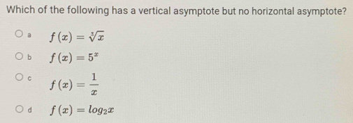 Solved: Which of the following has a vertical asymptote but no ...