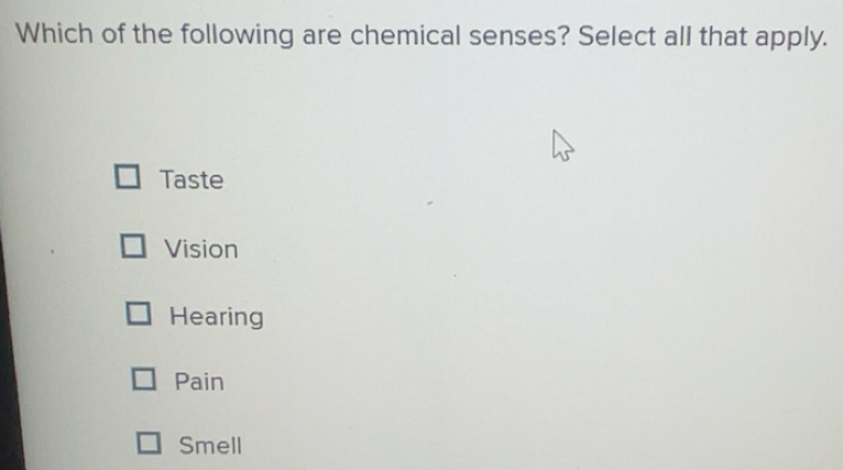 Solved: Which of the following are chemical senses? Select all that ...