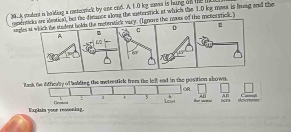 Solved: A student is holding a meterstick by one end. A 1.0 kg mass is ...