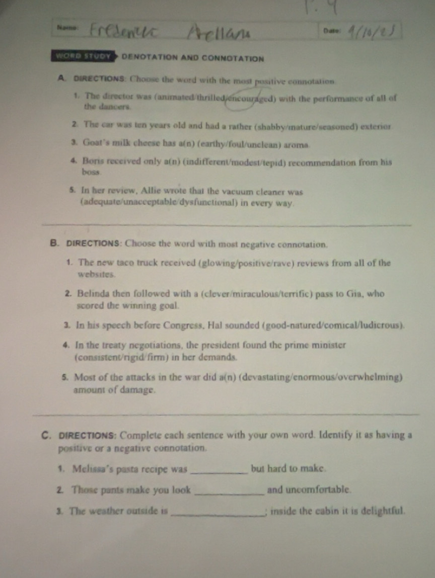 Solved: Nao Dase: WORD STUDY DENOTATION AND CONNOTATION A. DIRECTIONS ...