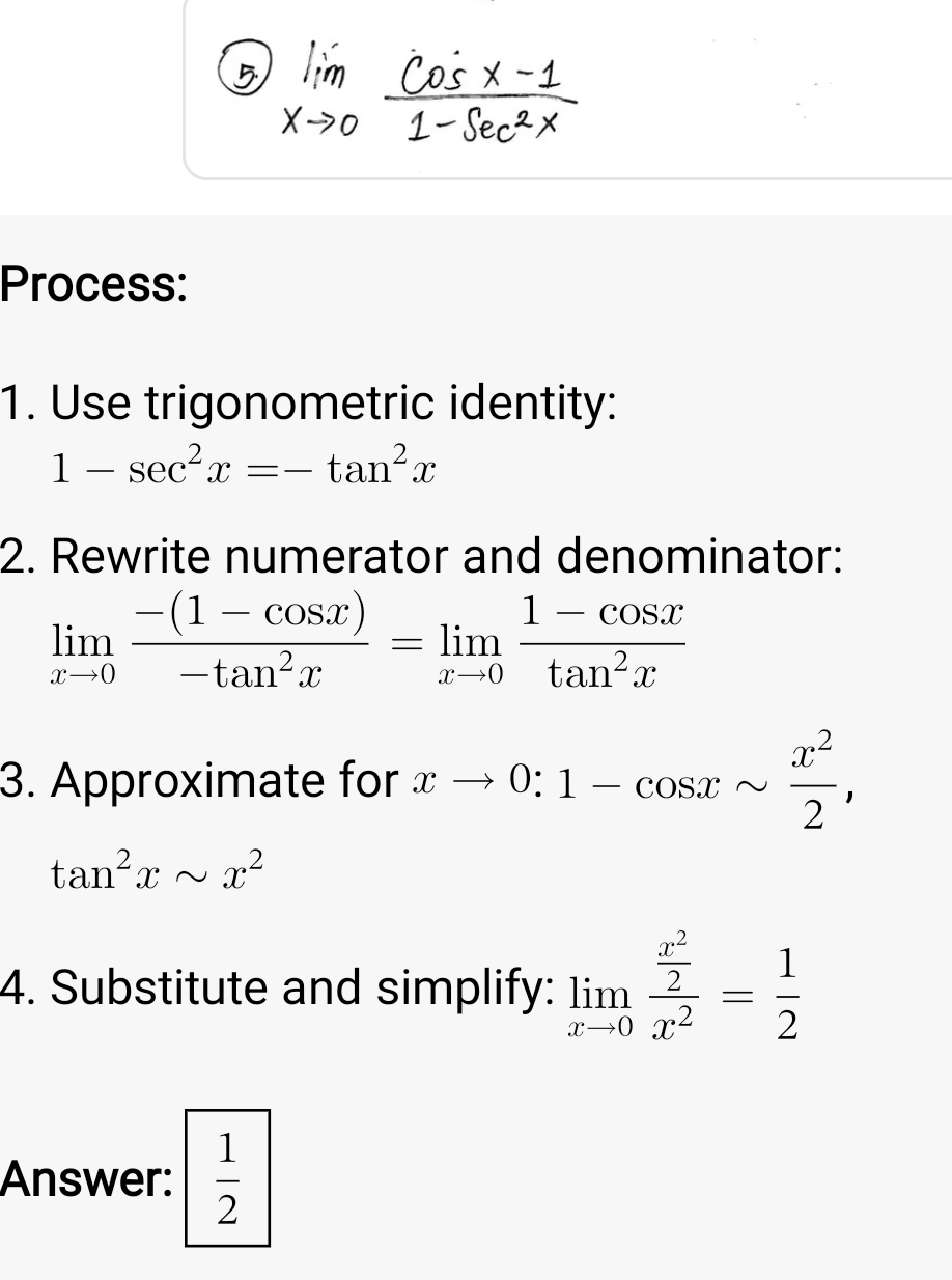 Solved: Process: 1. Use trigonometric identity: 1-sec^2x=-tan^2x 2 ...