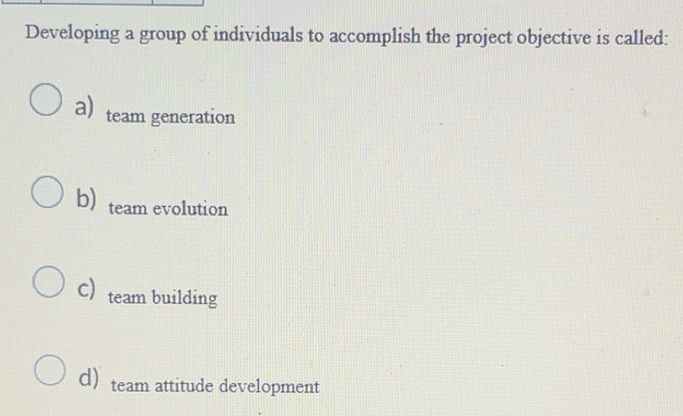 Solved: Developing a group of individuals to accomplish the project ...