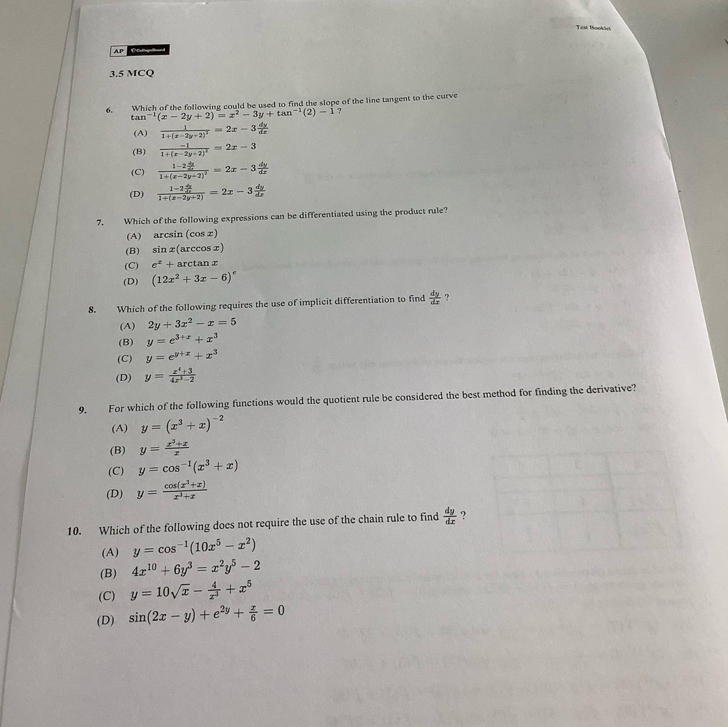 แก้ไขแล้ว:Test Bookle AP Ö Collegeleard 3.5 MCQ 6. Which of the ...