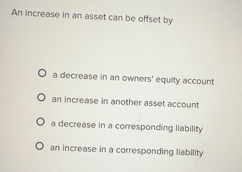 Solved: An increase in an asset can be offset by a decrease in an owners' equity account an ...
