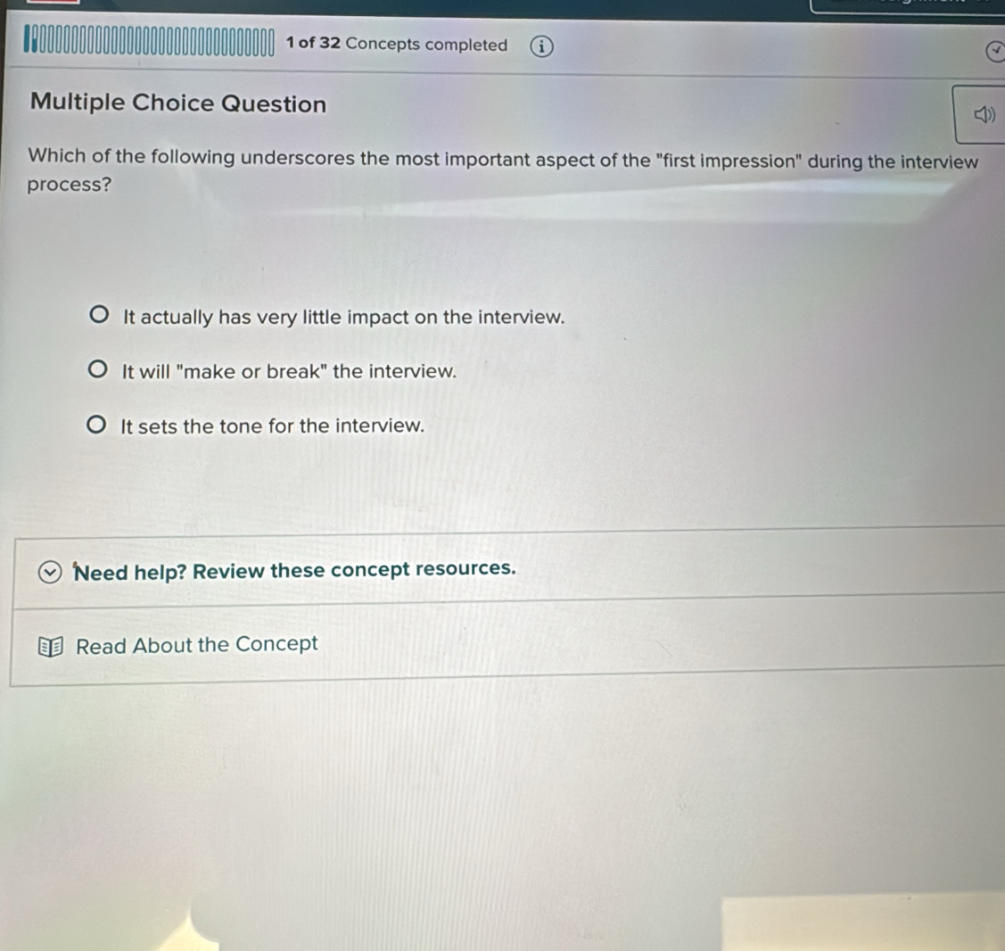Solved: of 32 Concepts completed Multiple Choice Question 1 Which of ...