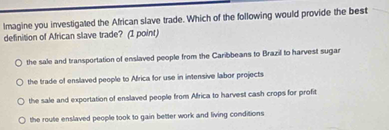 Solved: lmagine you investigated the African slave trade. Which of the ...
