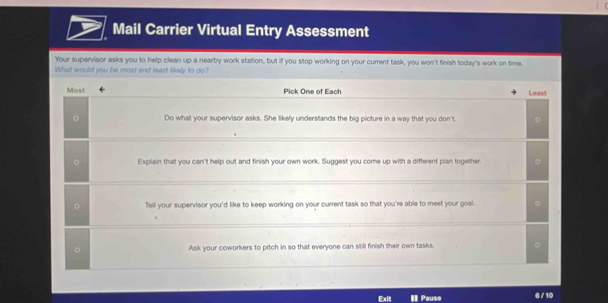 Solved: Mail Carrier Virtual Entry Assessment Your supervisor asks you ...