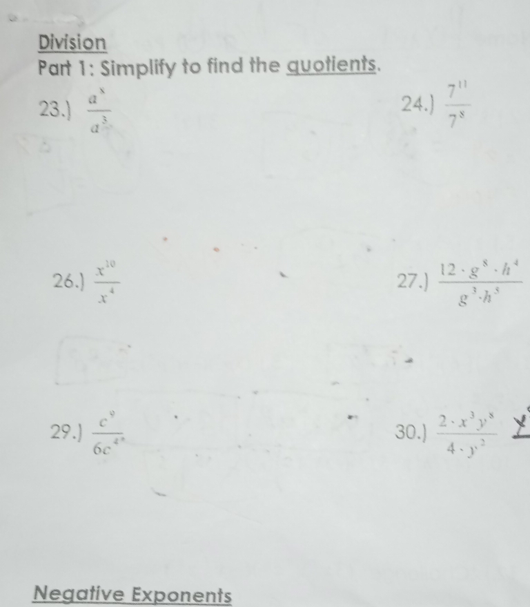 Solved: Division Part 1: Simplify to find the quotients. 23.) a^5/a^3 7 ...
