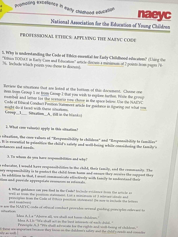 Solved: a Promoting excellence in early childhood education a naeyc ...