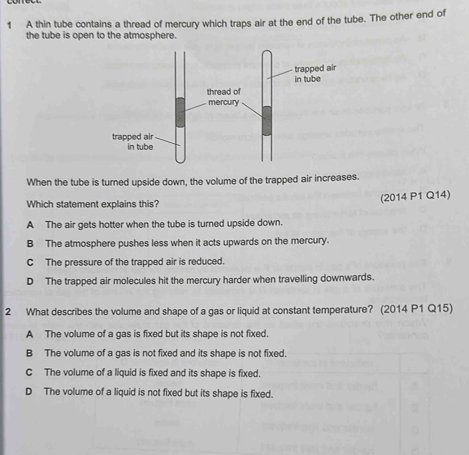 Solved: conect. 1 A thin tube contains a thread of mercury which traps ...
