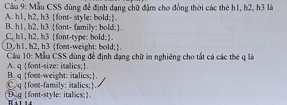 Giải quyết:Mẫu CSS dùng để định dạng chữ đậm cho đồng thời các thẻ h1 ...
